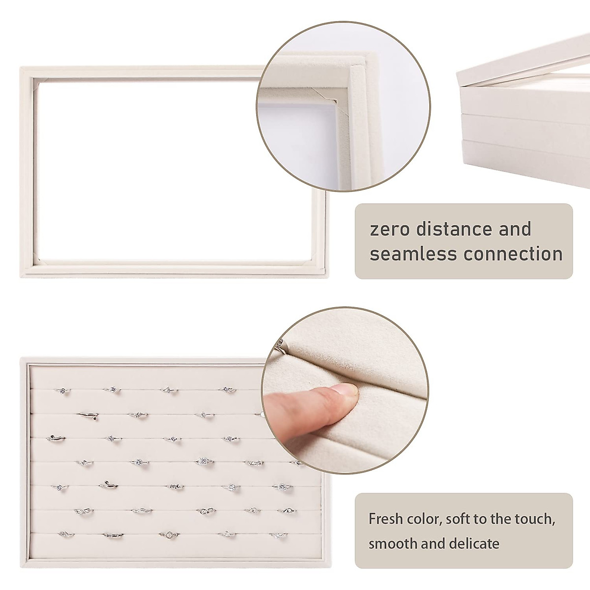 Coward Stackable Jewelry Trays Organizer Set with Clear Lid, Trays for Drawer, Earring Necklace Bracelet Ring Display Organizer (beige(ring+12girds+30girds+The glass lid))