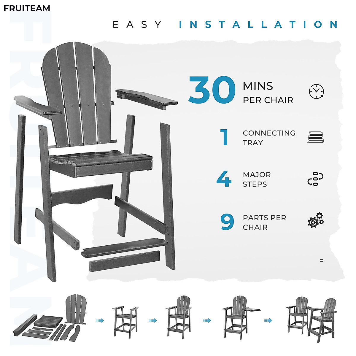 FRUITEAM High-Adirondack-Chairs Set of 2 with Connecting Tray, Outdoor Weather-Resistant Deck Chairs, Low-Maintenance Poly Balcony Chairs Set, for Patio, Poolside, Garden