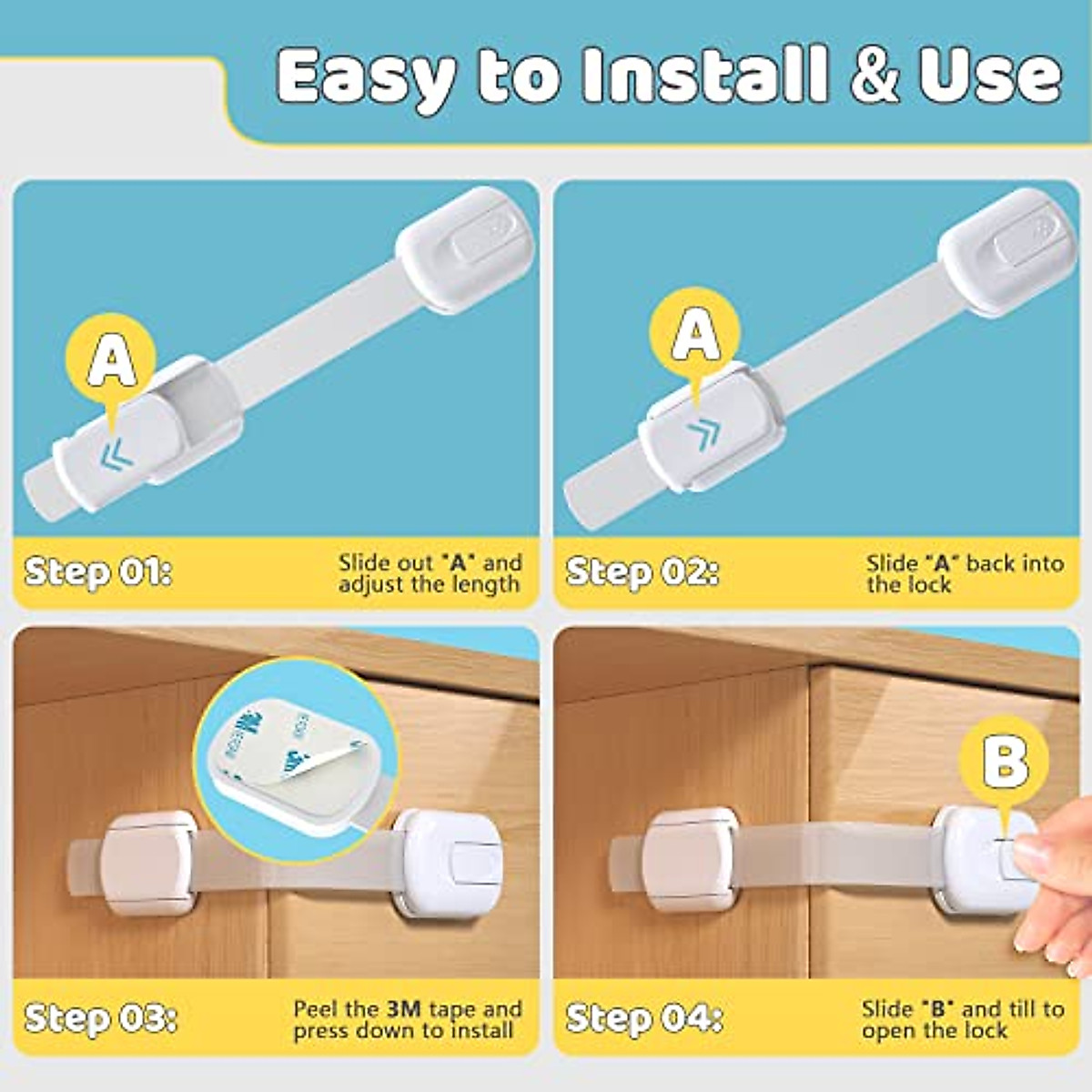 14 Pack Baby Proof Cabinet Latches, Childproof Drawer Latches with 12 Extra 3M Adhesives, Adjustable No Drilling Child Safety Cabinet Locks Straps Baby Drawer Locks for Kids Baby Safety