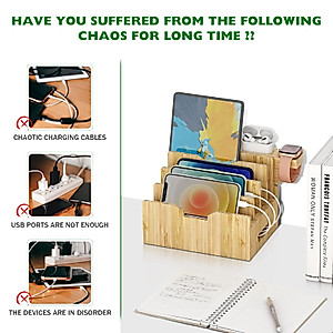 Bamboo Charging Station for Multiple Devices with Integrated Watch & Earbuds Stand, Desktop Charging Docking Station Organizer for Cell Phone, Tablet, 5 Charging Cables Included（No Power Supply）