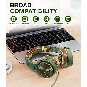 rockpapa Camo Wired Headphones with Microphone, Lightweight Foldable Stereo Bass Headphones with No-Tangle Cord & 3.5mm Jack for Adult/Kid, Laptop Airplane Chromebooks Green Camouflage