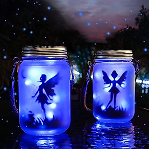 Alritz 2 Pack Solar Lantern Fairy Lights, Garden Ornament Lights - Outdoor Hanging Frosted Glass Mason Jar Lights for Tree, Table, Yard, Garden, Patio, Lawn (Blue)