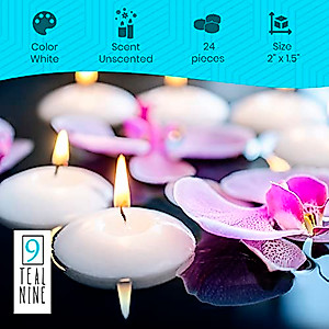 Premium 24 Piece 2 inch Unscented White Dripless Wax Burning Floating Candles Centerpieces, 4+ Hour Burn, Round Tealight Shaped Disks for Wedding, Parties, Special Occasions, Home Decoration TeaL NiNE