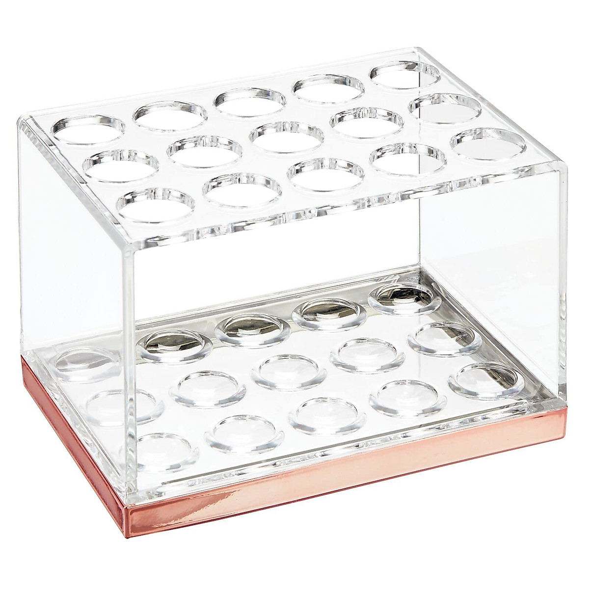 mDesign Plastic Makeup Brush Storage Organizer with 15 Slots for Bathroom Countertop, Vanity to Hold Eye/Lip Pencils, Lip Gloss, Liners, Lipstick - Clear/Rose Gold
