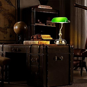 Liylan Green Glass Bankers Desk Lamp,Vintage Desk Lamp Touch Control, 3 Way Dimmable Table Lamp with USB Charging Port, Mid Century Banker's Desk Lamp for Home Office Library Antique Brass