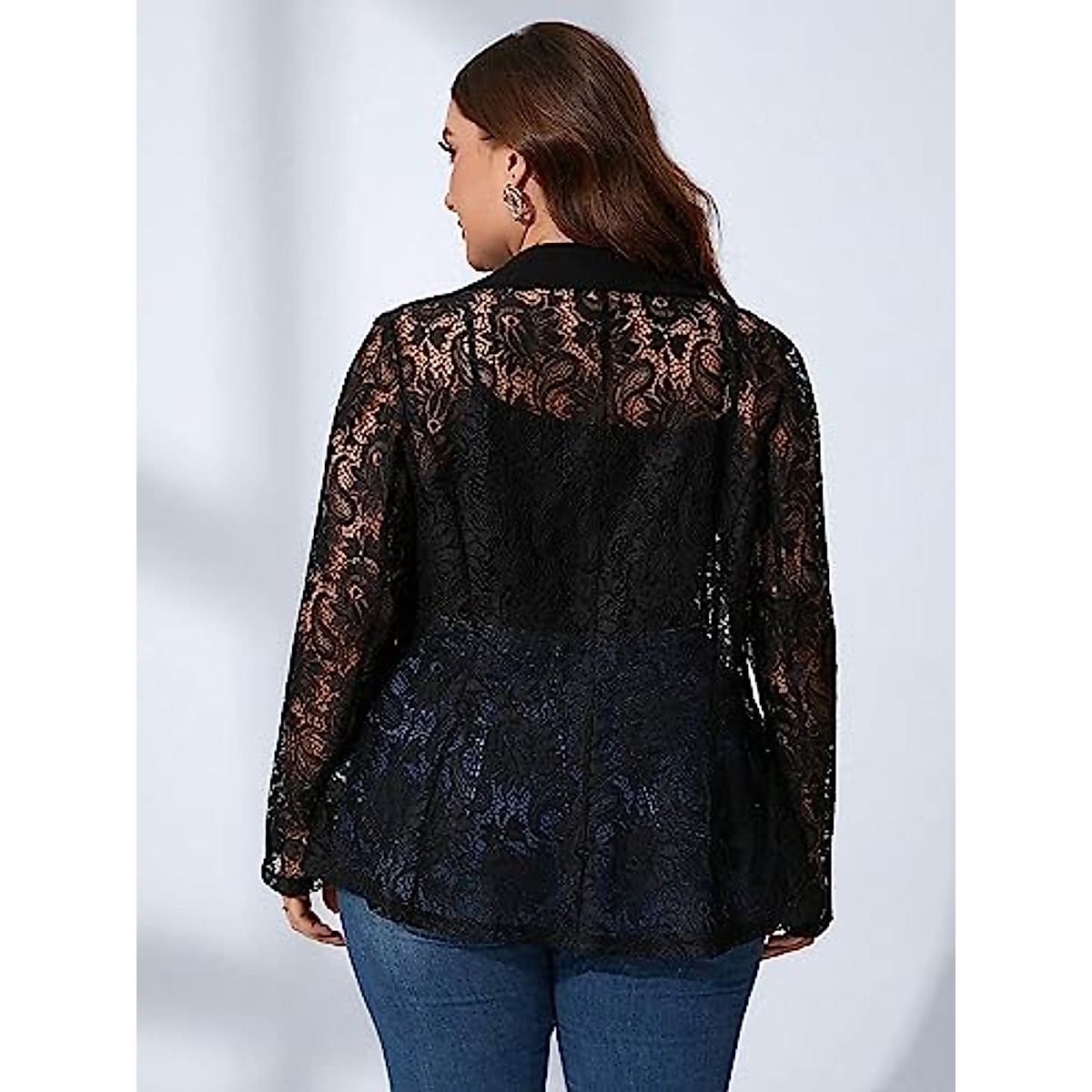 WDIRARA Women's Plus Size Contrast Lace Button Front Lapel Neck Long Sleeve Elegant Blazer Black 1XL