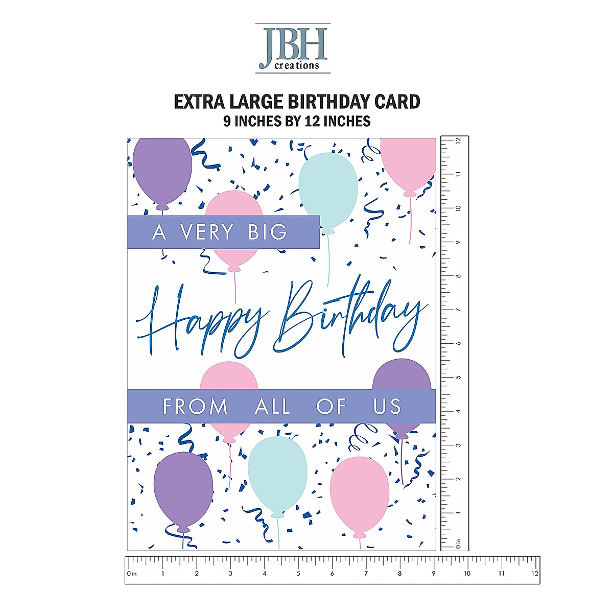 JBH Creations Big Birthday Balloon Drop Card - Extra Large 9 x 12 with Envelope - Pastel