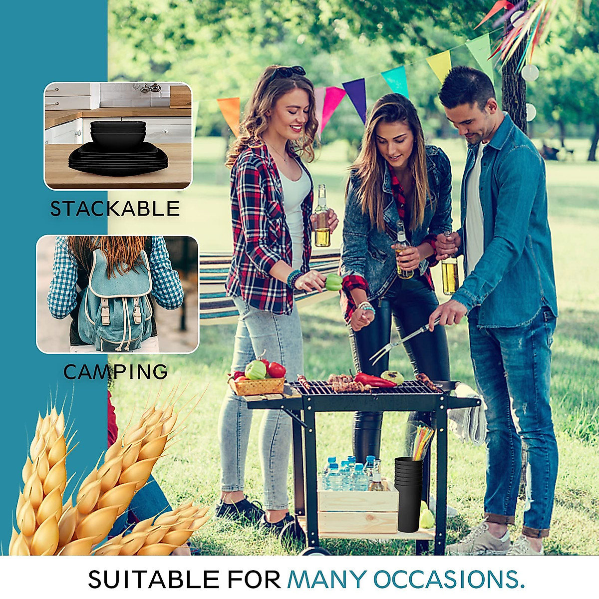 Teivio 32-Piece with flatware Kitchen Plastic Wheat Straw Square Dinnerware Set, Service for 8, Dinner Plates, Dessert Plate, Cereal Bowls, Cups, Unbreakable Plastic Outdoor Camping Dishes, Black