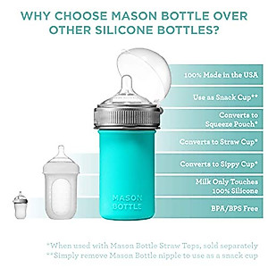 Mason Bottle Silicone Baby Bottle: Includes Silicone Nipple (Medium Flow Nipple for 3+ Months), Plastic Ring + Cap, 8 Ounce Silicone Bottle, BPA Free, Non-Toxic 100% Made in USA (1 Count)