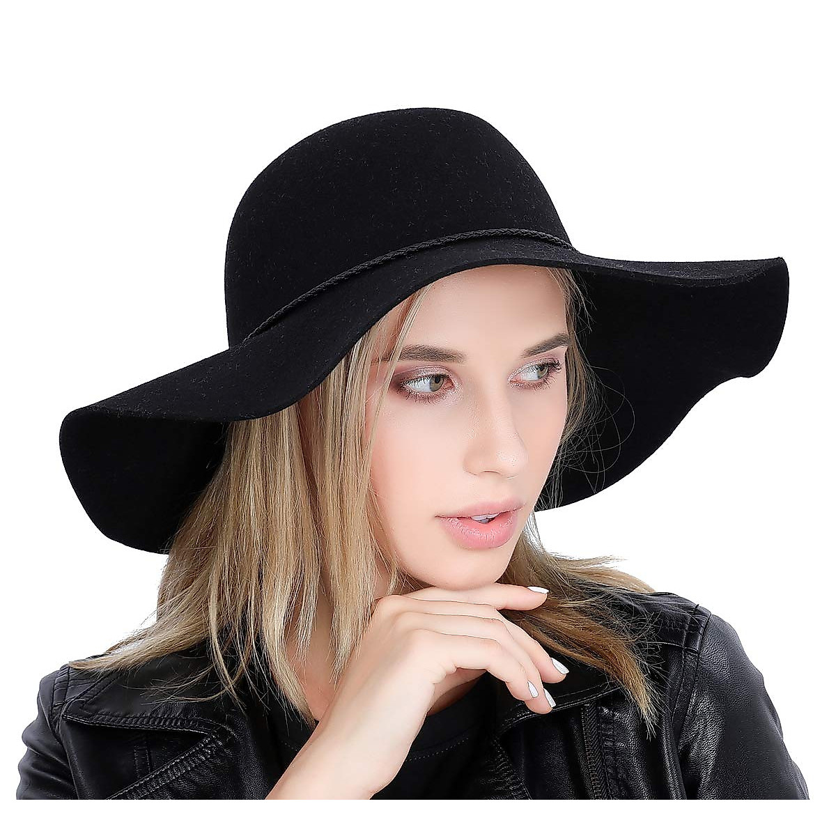 Lanzom Women Lady Retro Wide Brim Large Floppy Panama Hat Belt Wool Fedora Hat (A-Black, One Size)