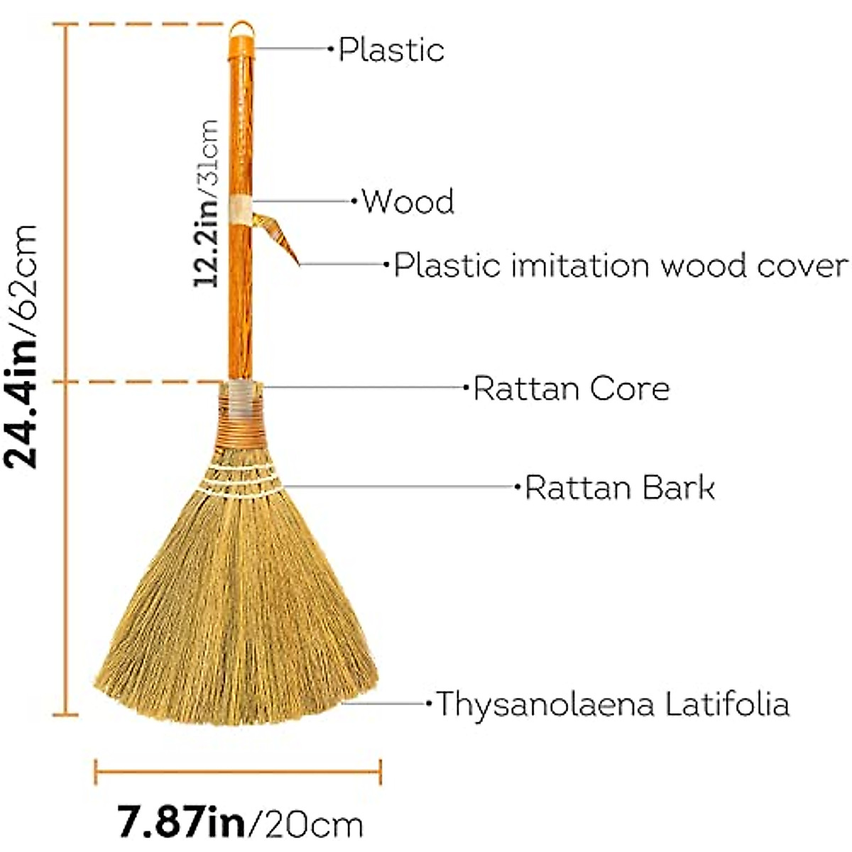 BMart Home Small Natural Whisk Sweeping Hand Handle Broom - Vietnamese Straw Soft Broom for Cleaning - Decoration Items - Indoor - Outdoor - 7.87'' Width, 24.4" Length