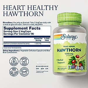 SOLARAY Hawthorn Berry Capsules 1050 mg, Hawthorne Supplement for Cardiovascular Function & Circulation Support, 60 Day Money-Back Guarantee, Whole Berry, Vegan, 90 Servings, 180 VegCaps