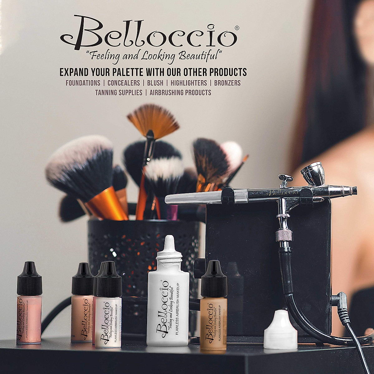 Belloccio Professional Beauty Airbrush Cosmetic Makeup System with 4 Medium Shades of Foundation in 1/4 Ounce Bottles - Kit Includes Blush, Bronzer and Highlighters