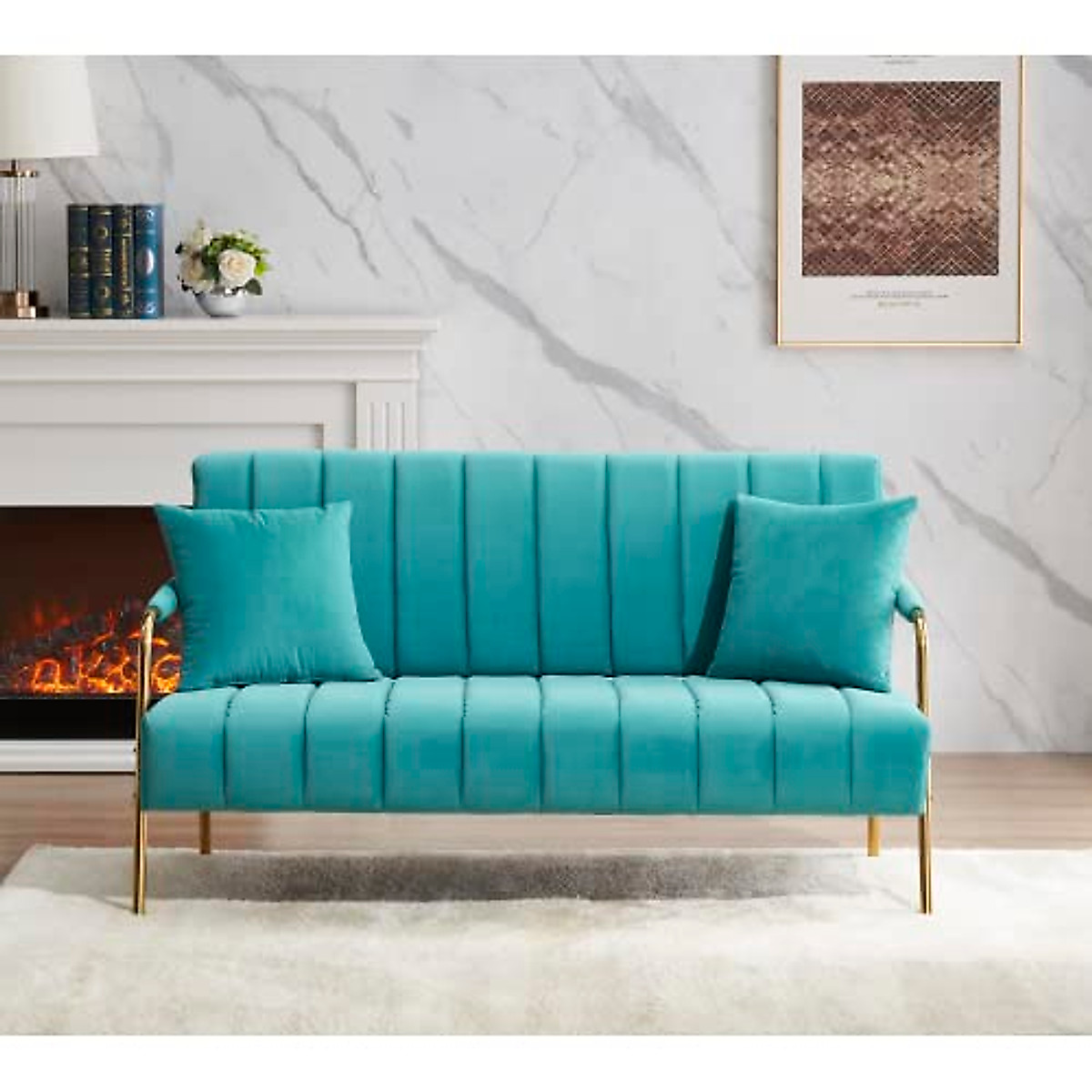 anwickjeff Velvet Loveseat Sofa with 2 Throw Pillows, Fabric Sofa with Metal Legs for Small Space Tufted Cushions Soft Sectional 2-Seat Couch for Living Room, Office, Apartment (Blue)
