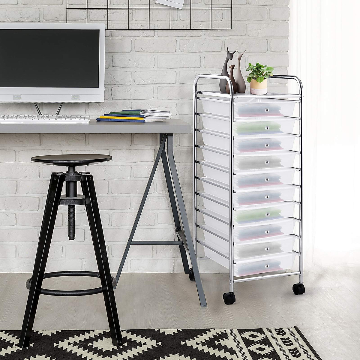 SILKYDRY Rolling Storage Cart with 10 Drawers, Versatile Utility Cart with Wheels for Tool Paper Scrapbook Art Supply, Mobile Craft Organizer Cart for Home Office School (Clear)