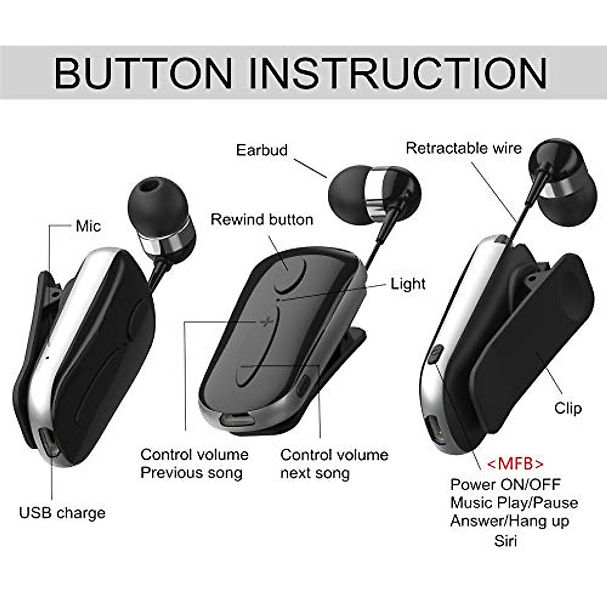 NILEWEI Bluetooth Headset Wireless Earpiece with Microphone for Cell Phones/iPhone/Samsung/Lg, HandsFree Calling Noise Cancelling, Bluetooth V4.1 Single Earbud for Office Trucker Driver(Retractable)