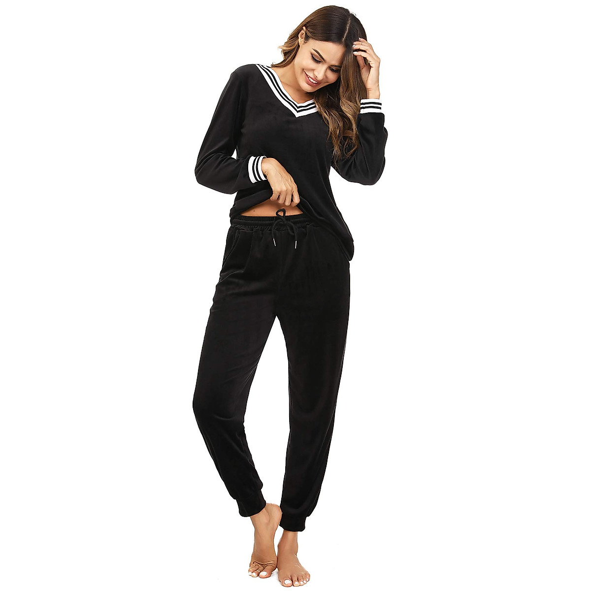 Irevial Track Suits for Women, Ladies V Neck Long Sleeve Crushed Velvet Tops Casual Sweatsuit Sets Jogging Pant with Pockets Elastic 2 Piece Outfits Black XL
