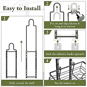 Skyapex Hanging Shower Caddy Over Showerhead, Extended Long Adjustable Bathroom Shower Organizer Hanging with 2 Soap Holders and 12 Hooks, Rustproof Large Capacity Shower Rack, Stainless Steel, Black