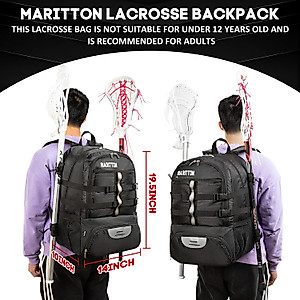 MARITTON Lacrosse Bag Backpack – Lacrosse Backpack Holds All Lacrosse or Field Hockey Equipment - Two Stick Holders and Separate Cleats Shoe Compartment. (BLK)