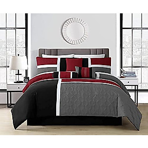 Chezmoi Collection 7-Piece Quilted Patchwork Comforter Set, Red/Gray/Black, Queen