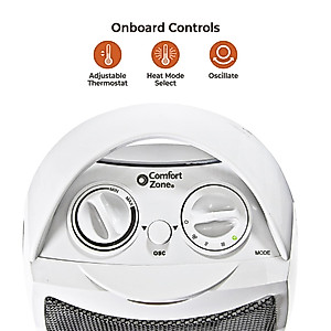 Comfort Zone Oscillating Indoor Space Heater, Portable, Ceramic, Electric, Energy-Efficient, Adjustable Thermostat, Tip-Over Switch, Overheat Protection, Ideal for Home, Bedroom, Office, 1500W, CZ449E