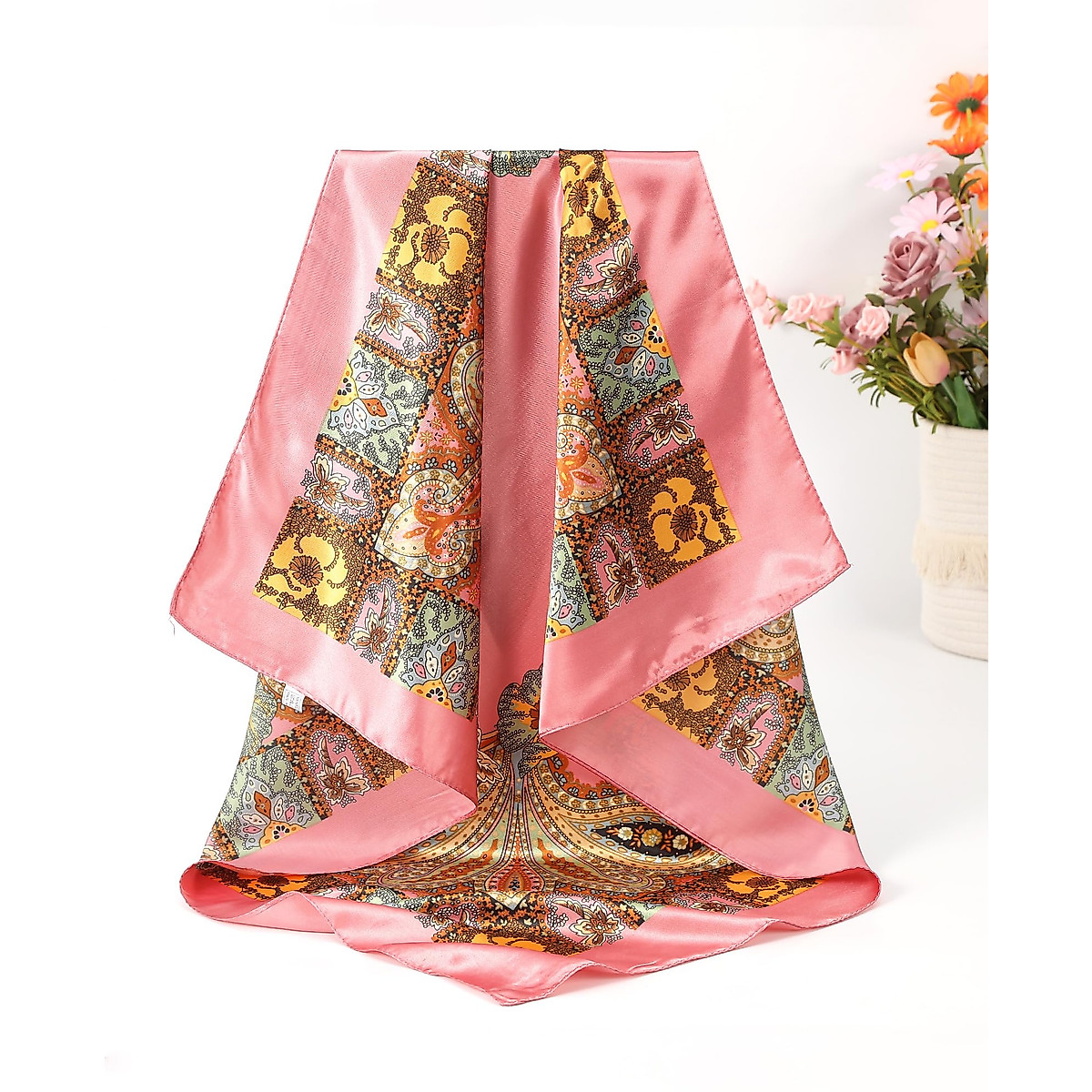 AWAYTR 35" Large Silk Hair Scarf for Women - 4Pcs Satin Head Scarf Square Hair Bandanas Floral Wild Rag Sleeping Head Wraps (Cashew(Black/Olive Green/Red/Pink))