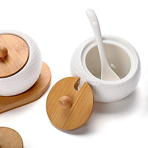 Yesland Porcelain Condiment Jar Spice Container with Bamboo Lids & Tray, Set of 3, 6.8 Oz Pottery Cruet Pot for Sugar Bowl Serving Tea, Coffee, Spice