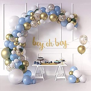 Sweet Baby Co. Boy Baby Shower Blue Balloon Garland Arch Kit for Boy with Greenery Leaves Decorations, Boy Oh Boy Banner, Confetti, Metallic Gold, White, Baby Blue Balloons | Elephant Party Decoration