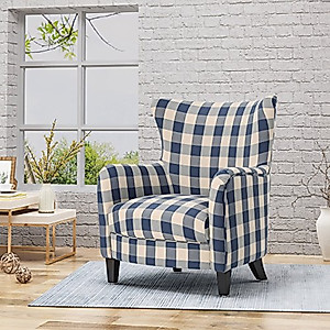 Christopher Knight Home Oliver Farmhouse Armchair, Checkerboard, Polyester and Birch Wood, Blue Floral