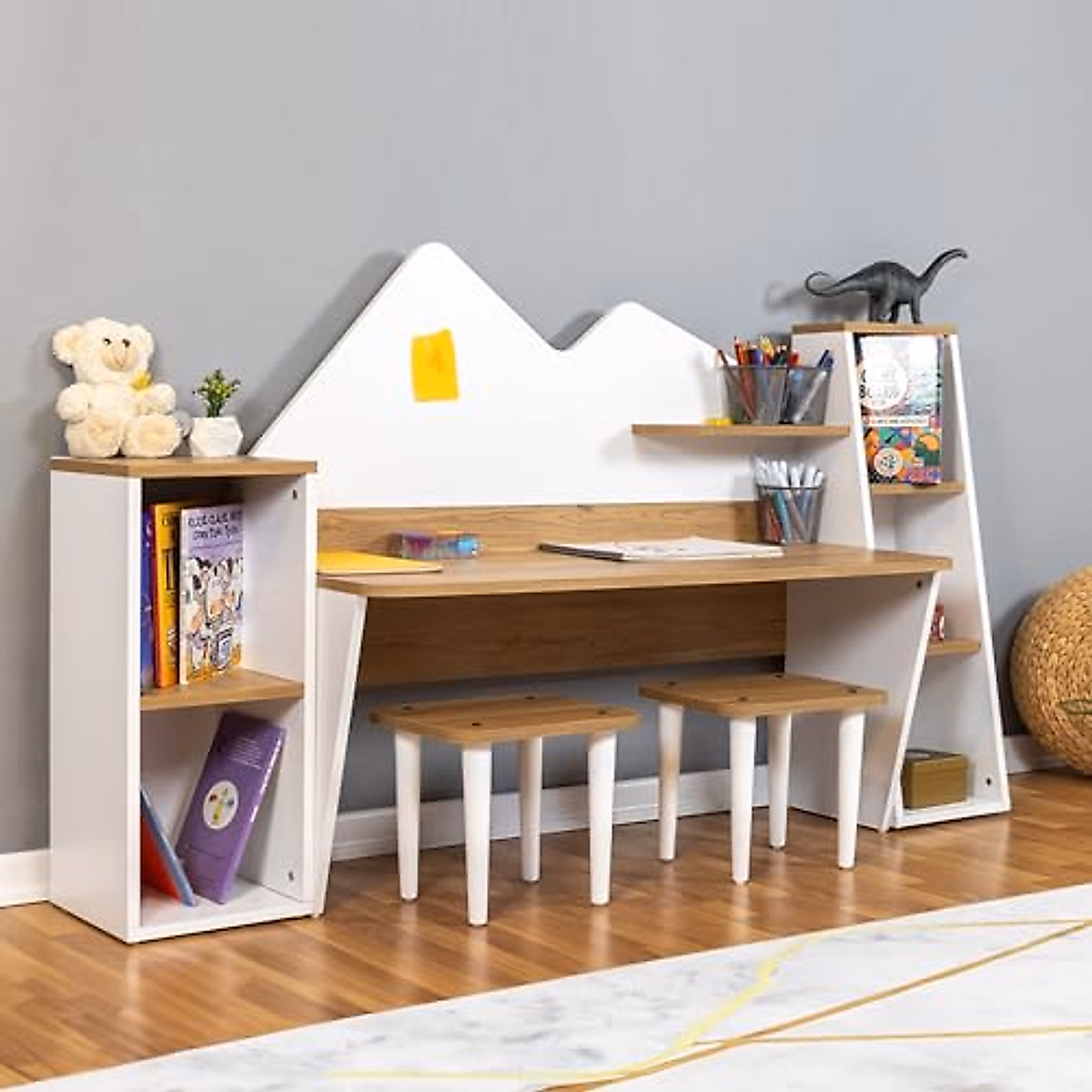 LAWA FURNITURE Kid's Study Desk with Bookshelf + 2 Stools for Ages 3-8, Wooden Children Activity Table with Hutch and Shelves, Kids Bedroom Study Desk with Storage