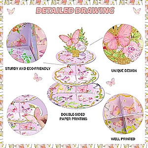34 PCs Butterfly Cupcake Stand 3-Tier and Topper Set, Fiesec Floral Butterfly Birthday Party Decorations Baby Shower Supplies Cardboard Dessert Tower Holder Round Serving Stand 3D Butterfly for Girl