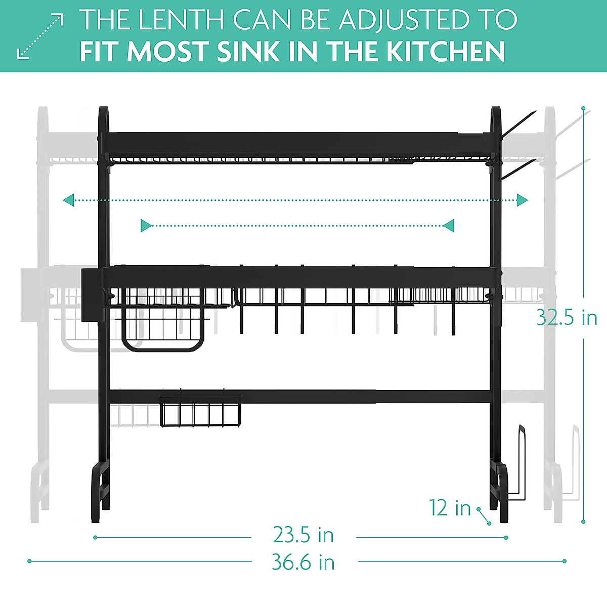 Over Sink Dish Drying Rack, Trustmade 3 Tier Full Stainless Steel Large Storage Adjustable Dish Rack (23.5''-36.6''), Expandable Kitchen Dish Drainer Shelf Rack with Hooks, Utensil Holder(Matte Black)
