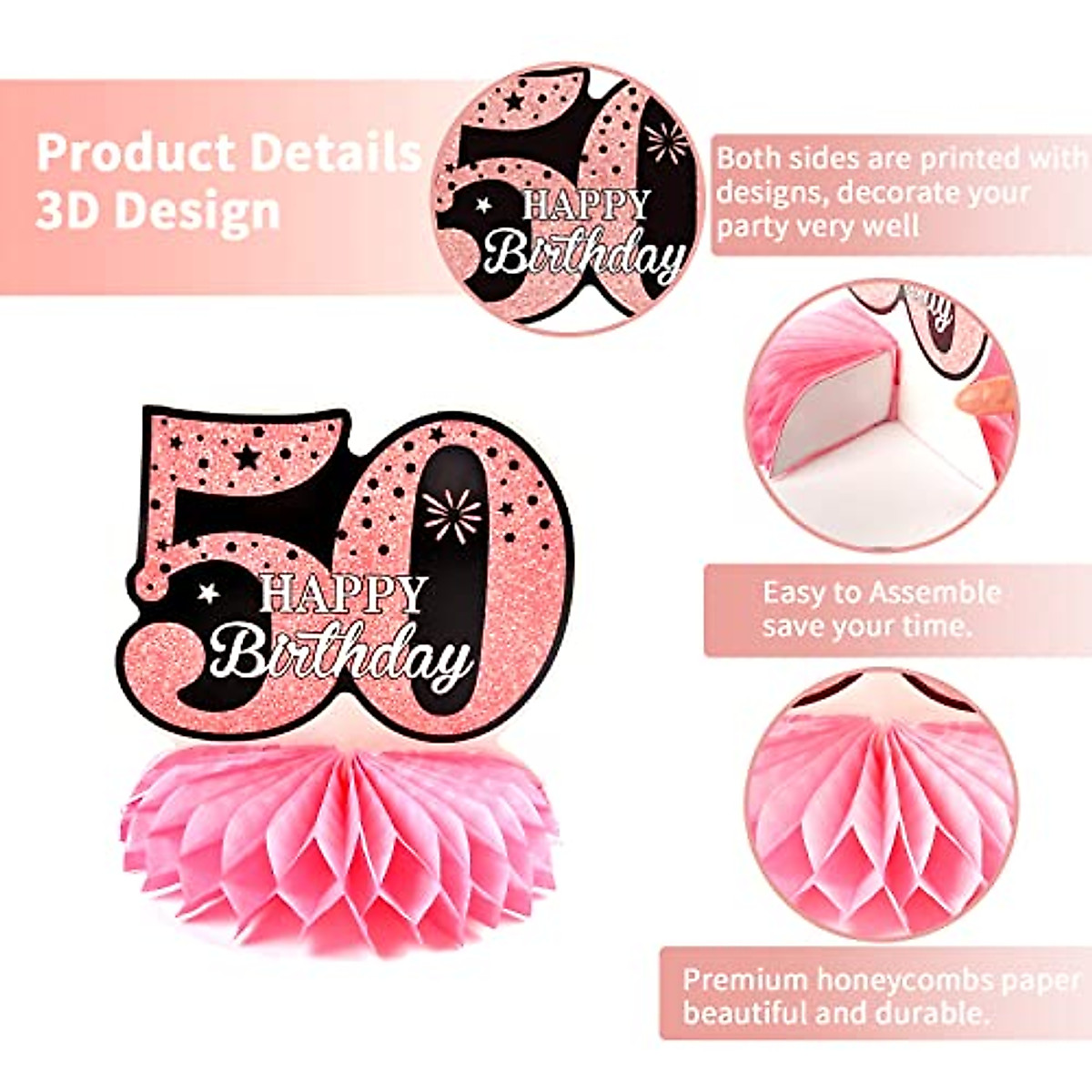 50th Glitter Rose Gold Birthday Banner Party Decorations, Happy 50th Birthday Decorations Hanging Swirls Banner Honeycomb Centerpieces for Women Happy 50 Years Old Bday Party