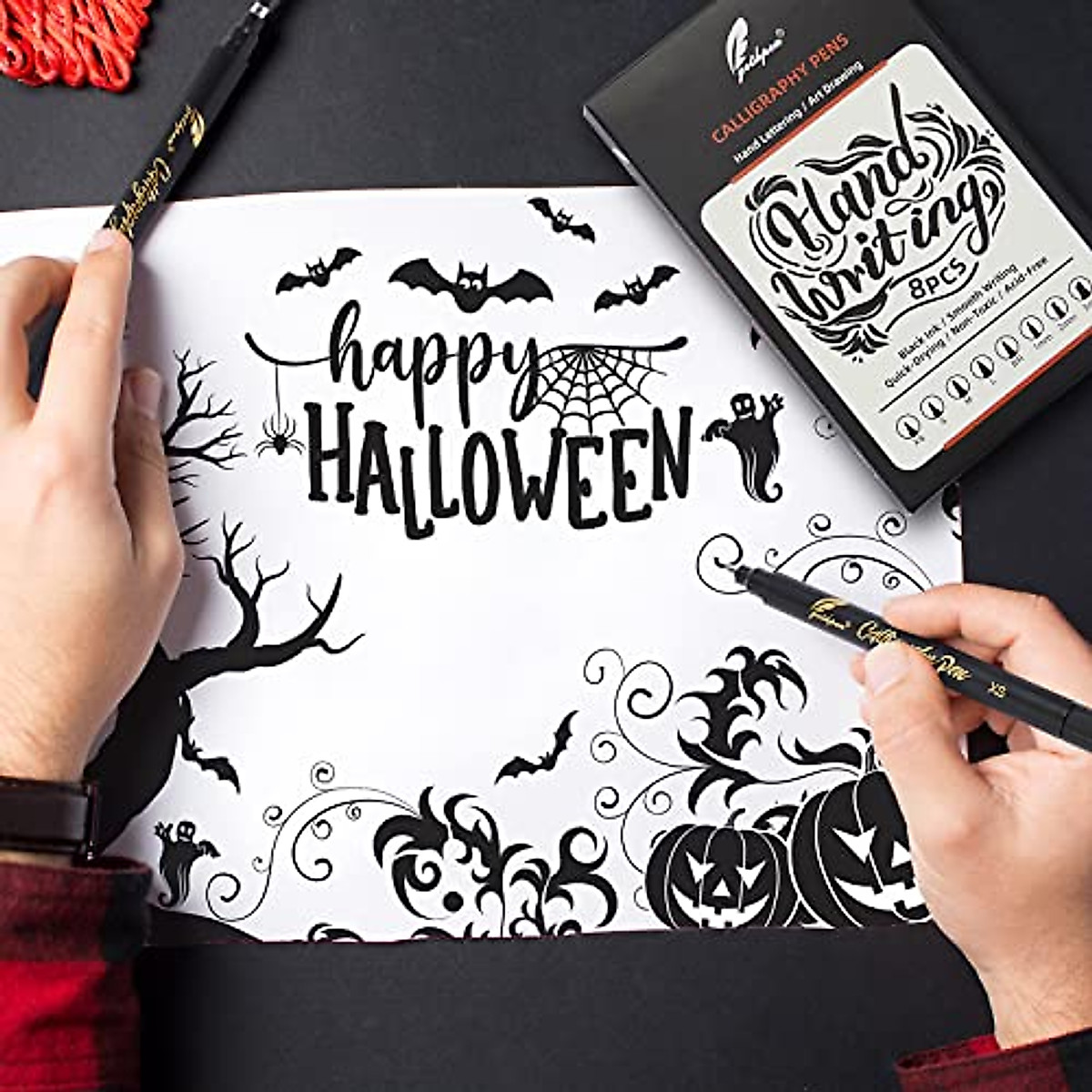 GETHPEN Calligraphy Pens,Hand Lettering Pens, Calligraphy Brush Pen set for Beginners Writing, Sketching, Scrapbooking, Journaling, Soft and Fine Tip, Black Ink Drawing Pen Set, 8 Size