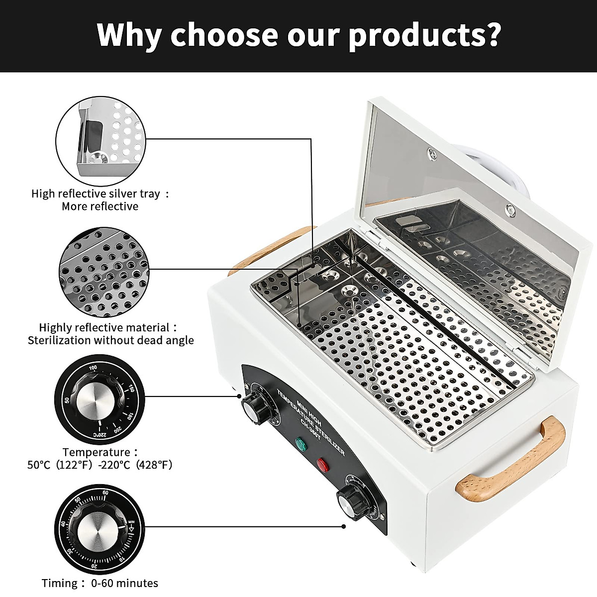 High Temperature Metal Tool Cleaning Box, 110V 300W 1.5L with Timer Manicure Pedicure SPA Salon Barber Equipment for Sundry Beauty Hair Nail Metal Tools with Handle