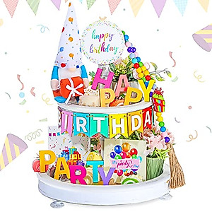 9 Pcs Farmhouse Birthday Gnome Tiered Tray Decor Set Birthday Gift Gnome Tiered Tray Doll Happy Birthday Party Wood Sign Farmhouse Beaded Garland for Farmhouse Kitchen Tiered Tray Birthday Party Decor