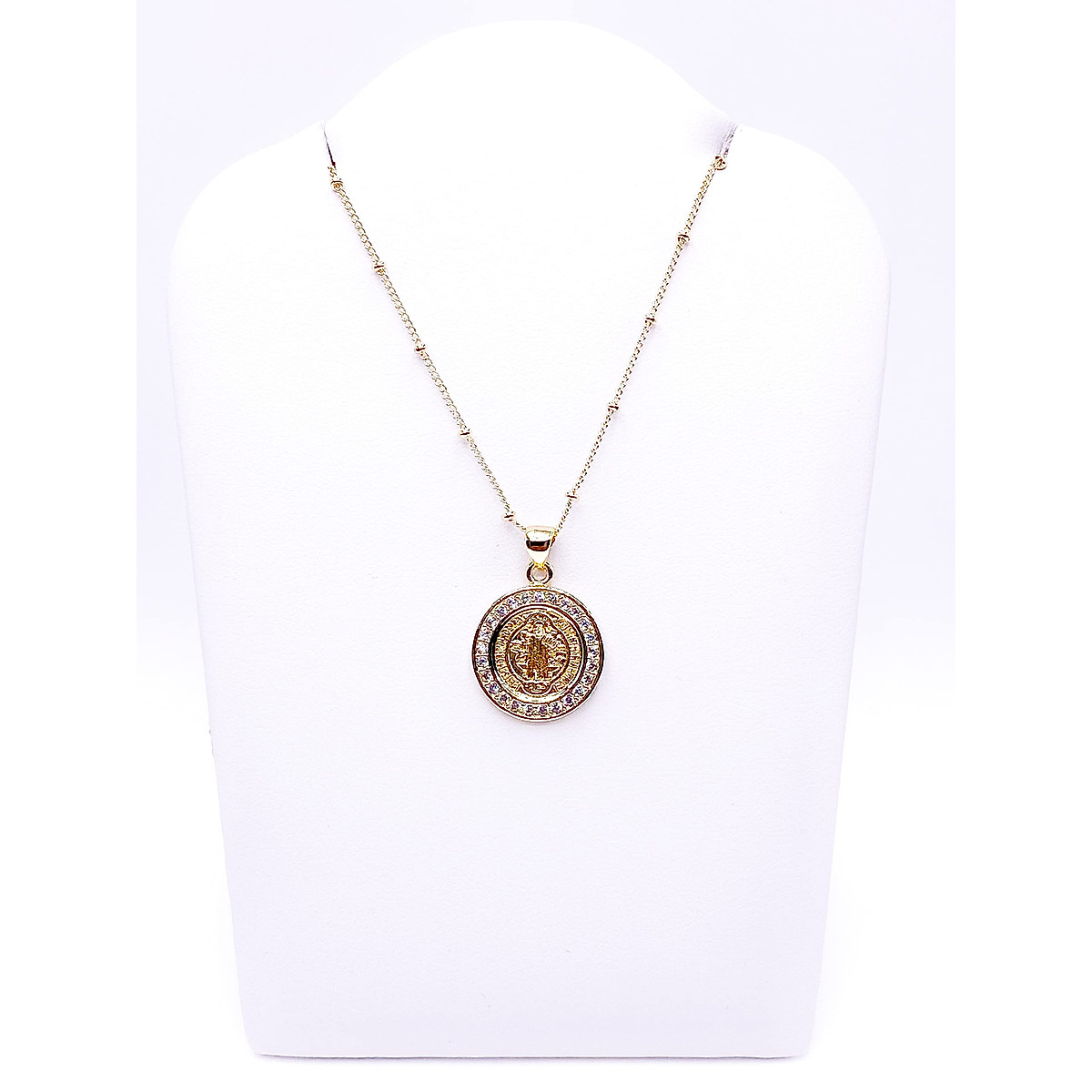 LESLIE BOULES 18K Gold Plated Saint Benedict Pendant Necklace Religious Jewelry for Women