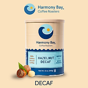 Harmony Bay Decaf Hazelnut Flavored Coffee - 100% Arabica Gourmet Ground Decaffeinated Coffee - Light Roast - Small Batch Roasted - Aromatic Nutty Flavored Coffee - 12 oz Can (Pack of 6)