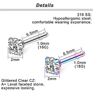 Yaalozei 18g Nose Rings studs for Women Straight Nose ring Surgical Stainless Steel Nose Rings Bar Earrings Pin Bone Stud Diamond Opal Nostril Nose Piercing Jewelry Men Silver Rose Gold Black Rainbow