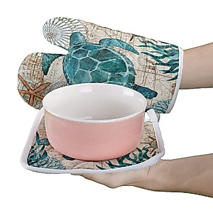 Set of Oven Mitt and Pot Holder,Sea Turtle Kitchen Mittens Heat Resistance Non-Slip Surface for Kitchen BBQ Cooking Baking Grilling,Sea Life Nautical Blue