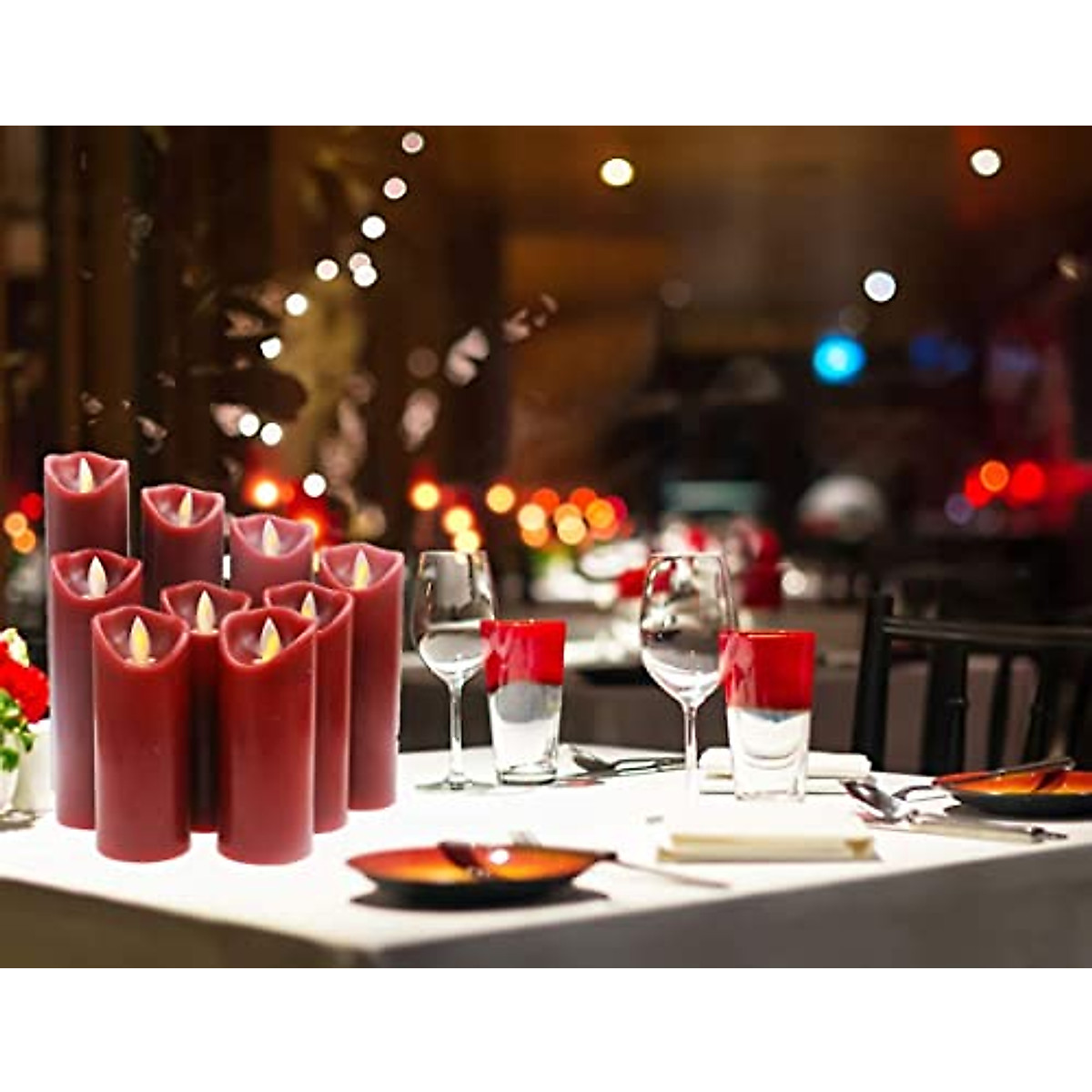 Kitch Aroma Red flameless Candles, Red Candles Battery Operated LED Pillar Candles with Moving Flame Wick with Remote Timer,Pack of 9