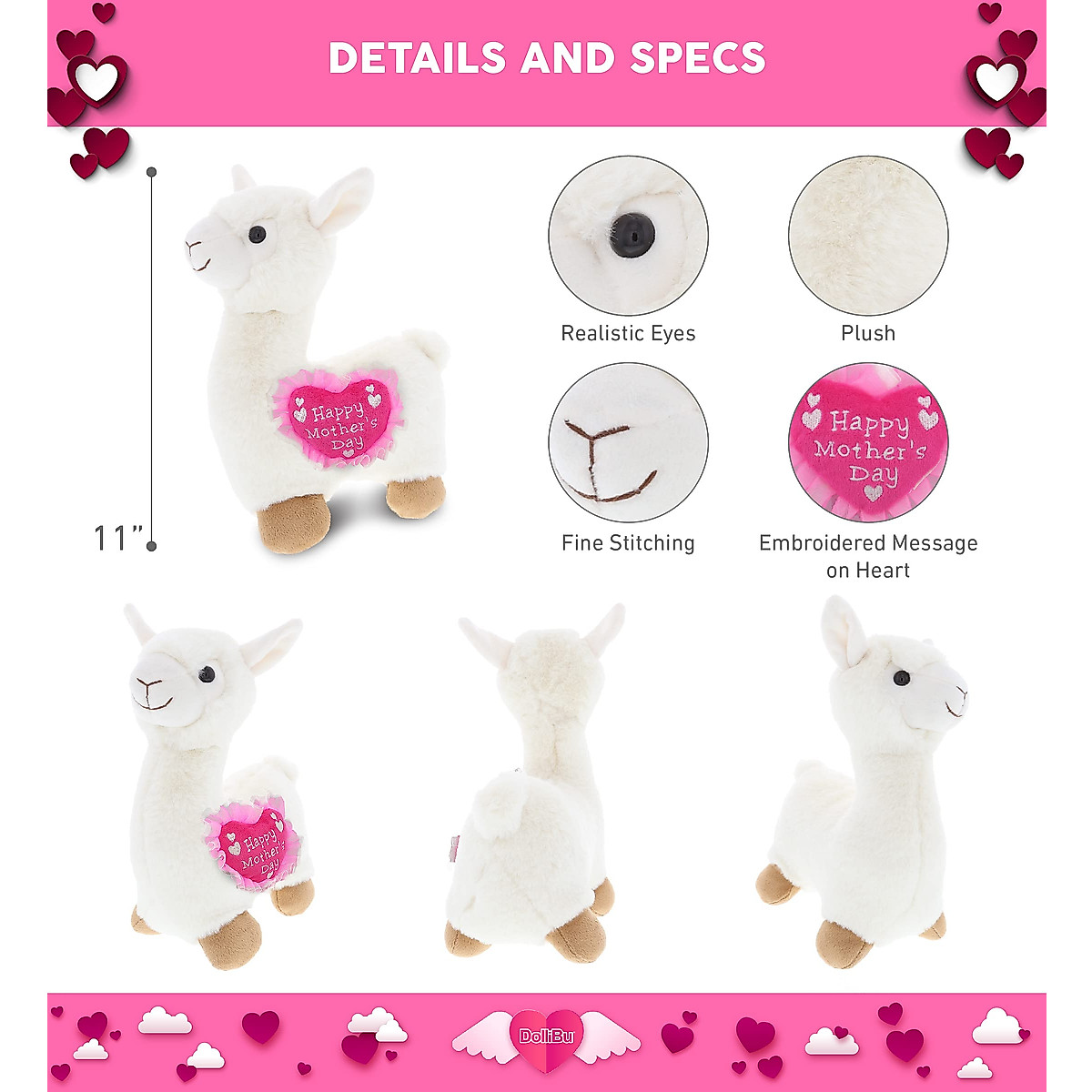 DolliBu Happy Mother's Day Super Soft Plush White Llama Figure - Cute Stuffed Animal with Pink Heart Message for Best Mommy, Grandma, Wife, Daughter - 9" Inches