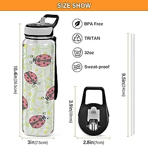 OTVEE Red Ladybugs Water Bottle with Straw, BPA-Free Plastic Sports Water Bottle for Fitness, Gym, Camping, Outdoor Sports,32 oz