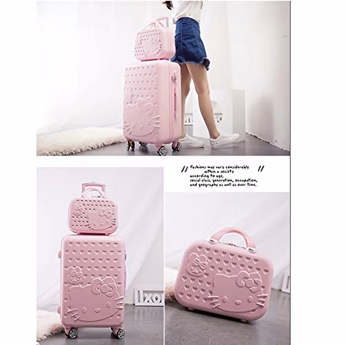MUNROU Hello Girls Kitty Rolling Luggage Cute Pink Hardshell Carry On Suitcase with Wheels