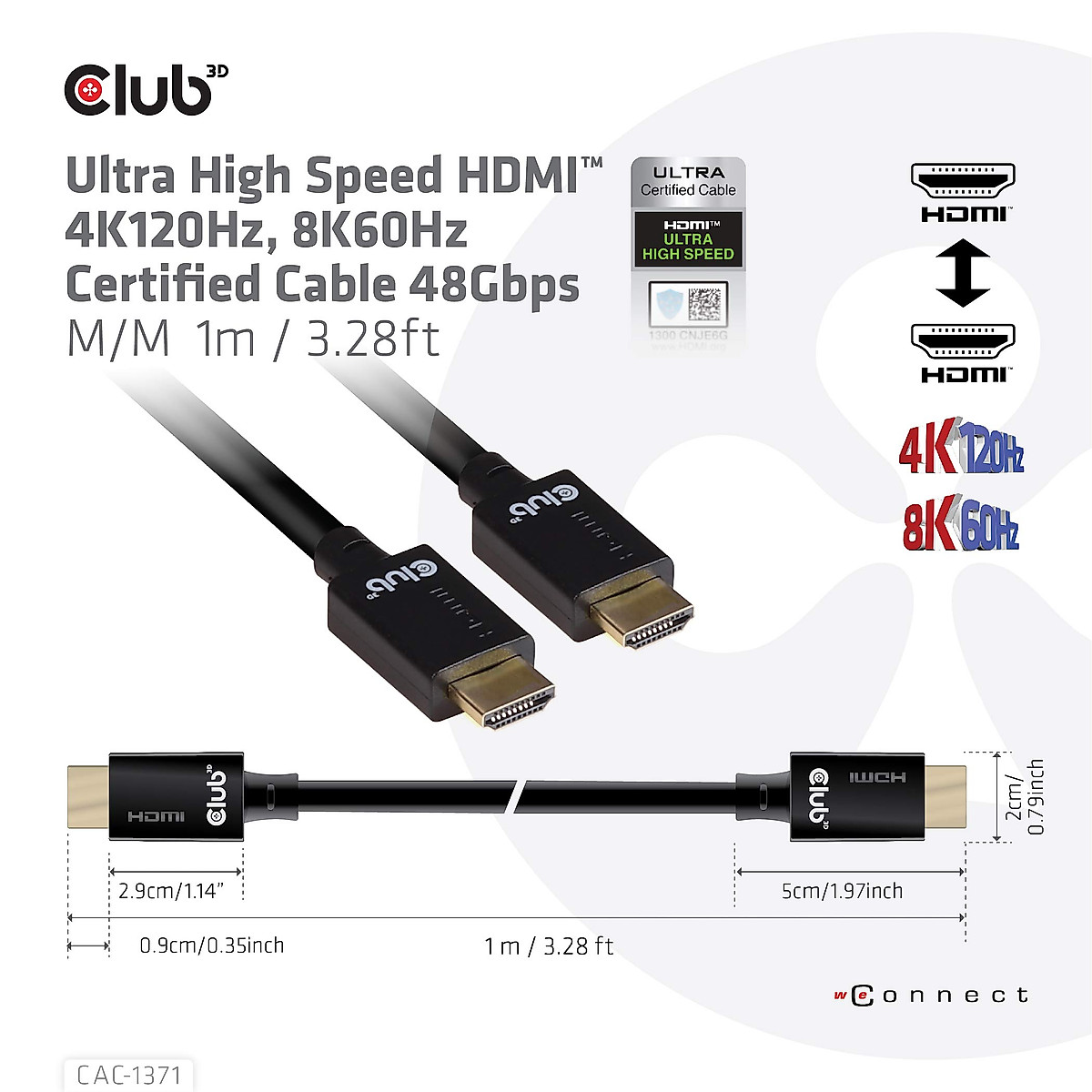 Club3D CAC-1371 Ultra High Speed HDMI 2.1 Certified 4K 120Hz 8K 60Hz M/M Cable 1m - 3.28ft