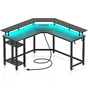 Rolanstar L Shaped Gaming Desk with LED Lights & Power Outlets, 56" Computer Desk with Full Monitor Stand & Storage Shelf, Corner Desk with Hooks, Carbon Fiber Desk Reversible