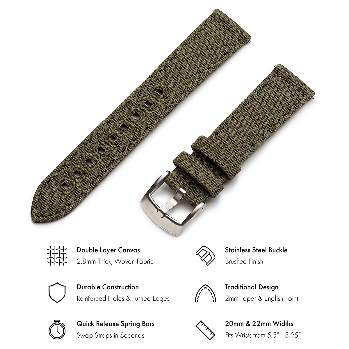 Benchmark Canvas Watch Band - Quick Release Cotton Fabric Watch Straps for Men & Women (20mm, Army Green)