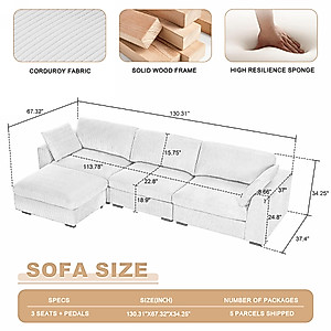 130" Oversized Sectional Sofa,Ultra-Soft L Shaped Couch for Living Room,Cloud Modular Sofa Couch with Zipper Back&Seat Cushion,Deep 4 Seat Sofa Sleeper with Movable Ottoman and Two Pillows(Beige)