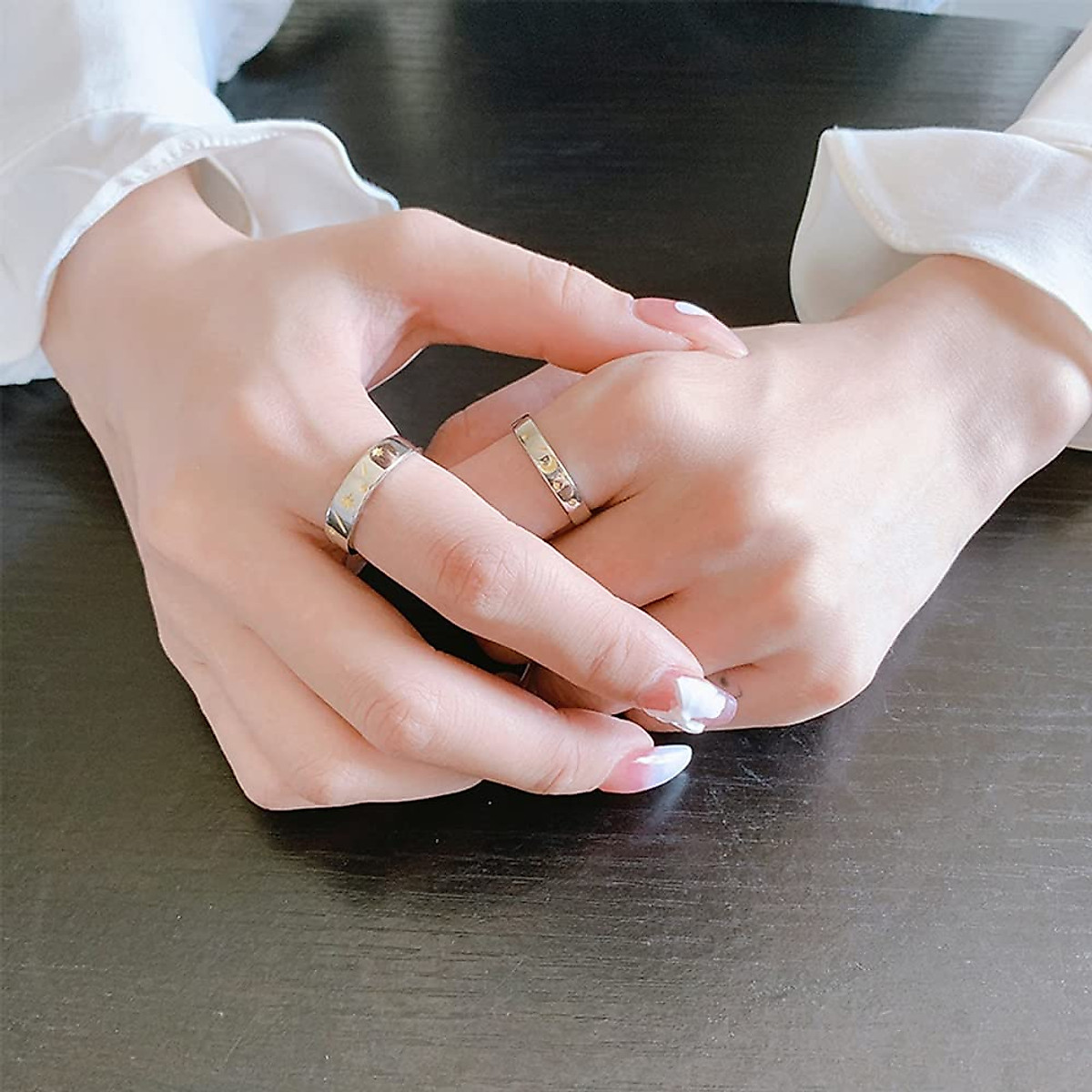 Crescent Moon and Sun Star Matching Couple Rings for Him and Her 925 Sterling Silver Minimalist Cute Stars Promise Engagement Ring Wedding Band Anniversary Ring Statement Finger Bands Adjustable