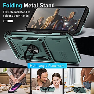 Janmitta Compatible with Galaxy A54 5G Case Built in Slide Camera Lens Cover and Screen Protector,Heavy Duty Shockproof Phone Cover,Built in Ring Stable Holder Kickstand,2023 Dark Green